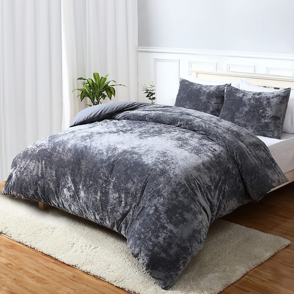 CROMIO Grey Velvet Duvet Cover King Size - Super Soft Flannel Bedding Set with Button Closure and Corner Ties - Luxurious Shimmery Comforter Cover Set for Home Decoration