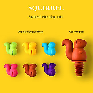 6+1PCS Squirrel Shapes Wine Stopper Set, Silicone Wine Bottle Stopper, Reusable Fun Animal Bottle Stopper, Gift Box Package Bottle Stoppers Set