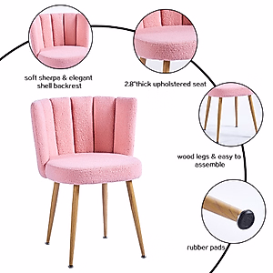 ATSNOW Pink Sherpa Accent Chairs Set of 2, Mid Century Modern Upholstered Side Chairs for Dining Room Living Room Bedroom Vanity