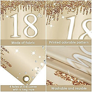 Happy 18th Birthday Banner Backdrop Decorations for Girls, Gold White Sweet 18 Birthday Sign Party Supplies, Eighteen Year Old Birthday Photo Booth Background Poster Decor(72.8 x 43.3 Inch)