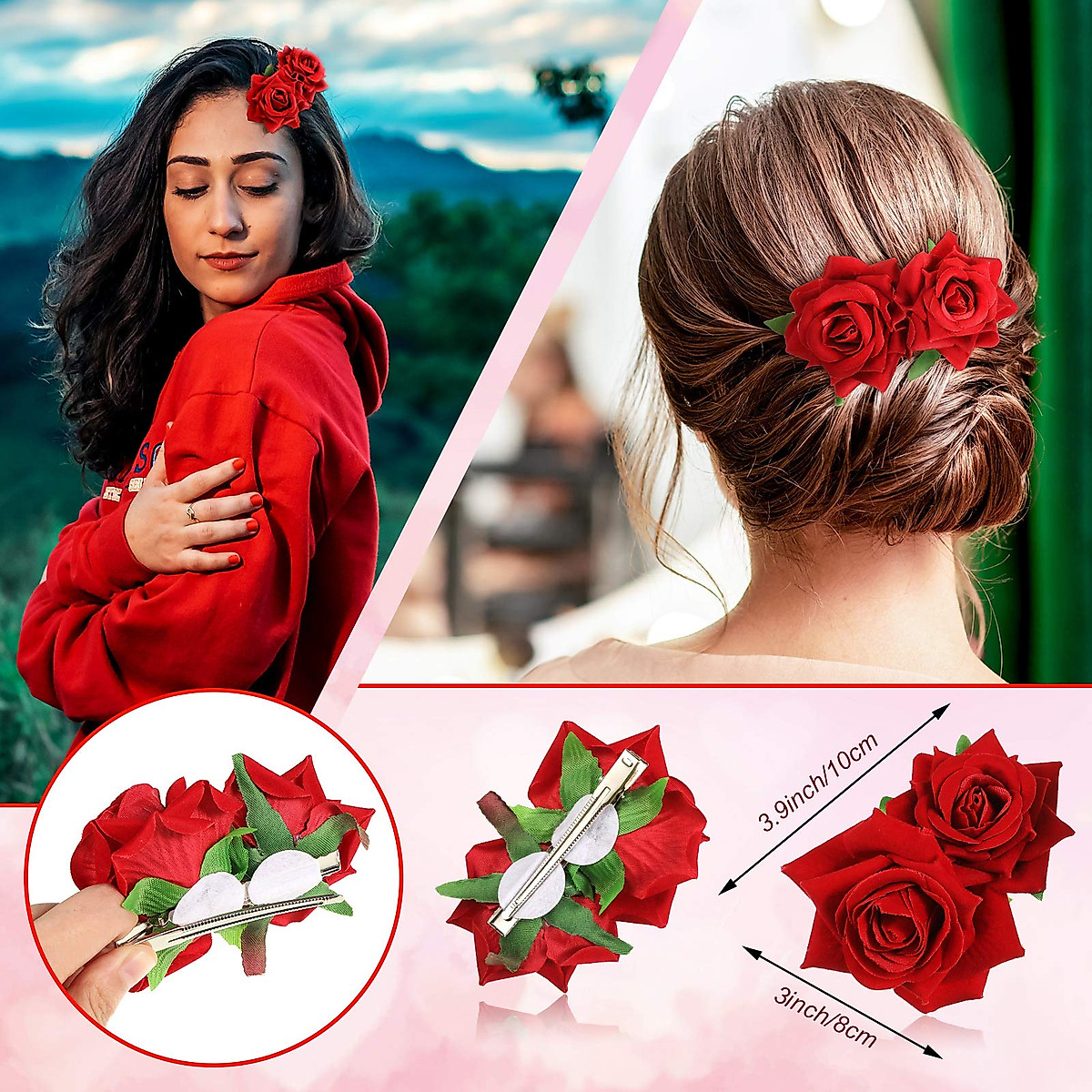 6 Pcs Rose Hair Clip Flower Hairpin Rose Hair Clip Comb Flower Hairpin Rose Brooch Floral Clips Mexican Rose Hair Accessories for Women Wedding Party Mother's Day(Red)