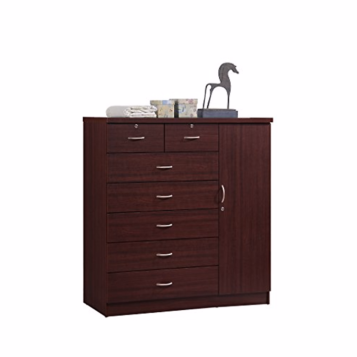 Hodedah 7 Drawer Jumbo Chest, Five Large & Two Smaller Drawers with Two Lock, Hanging Rod, and Three Shelves | Mahogany, 17.76" D X 47.24" W X 48.39" H