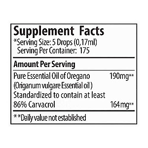 Zane Hellas 190 mg Oregano Oil-164 mg Carvacrol per Serving-4 Drops Daily. 100% Greek Undiluted Oil of Oregano. 86%-90% Min Carvacrol. Probably The Best Oregano Oil in The World. 1 fl. oz.- 30ml