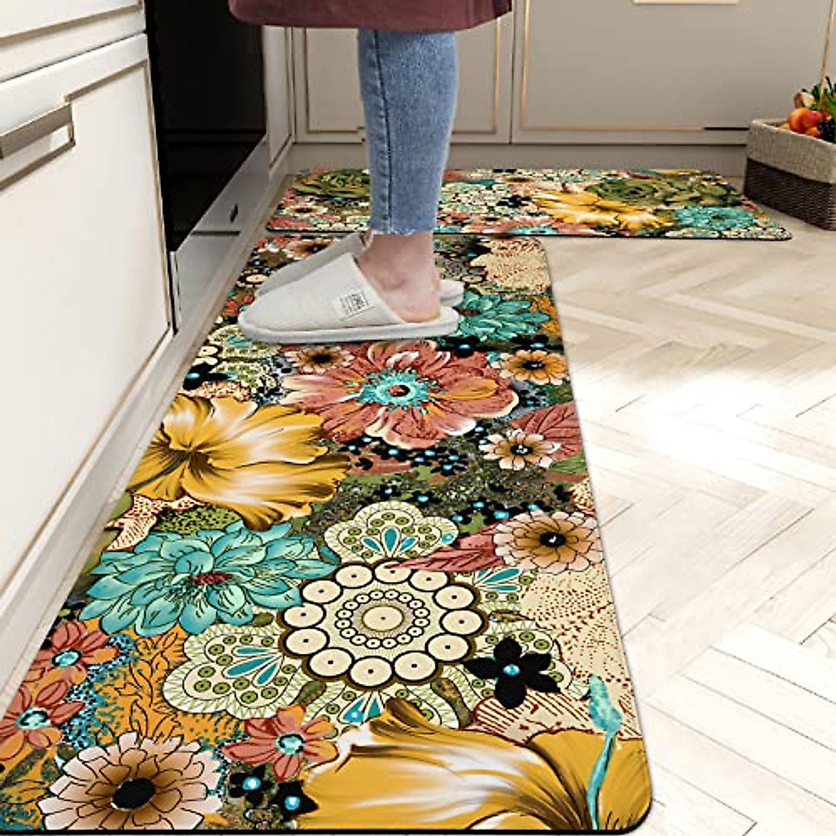 Boho Floral Kitchen Rug Set of 2 Colorful Flowers Anti Fatigue Non-Slip Kitchen Floor Mats Comfort Standing Bohemian Mat Waterproof Farmhouse Sink Laundry PVC Carpet(17.3 x 28 Inch+17.3 x 47 Inch)