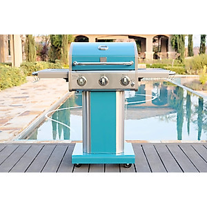 Kenmore 3-Burner Propane BBQ Grill, 30,000 BTUs Gas Grill with Cast Iron Cooking Grates, Folding Side Tables & Wheels, Outdoor Grill with Tool Hooks, Teal