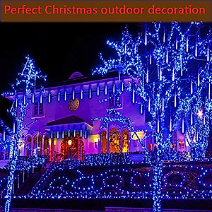 Kwaiffeo Outdoor Christmas Decorations, 24 Tubes(Equivalent to 3 Sets of 8-Tubes) LED Meteor Shower Lights for Xmas Tree Halloween Decoration Yard Lawn Outside Party, UL Plug, Blue Christmas Lights