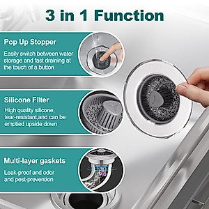 Silicone 3 in 1 Kitchen Sink Drain Strainer and Stopper Combo, 304 Stainless Steel Wraped Shell, Silicone Anti-Clogging Basket Strainer, with Handle for US Standard 3-1/2 Inch Drain