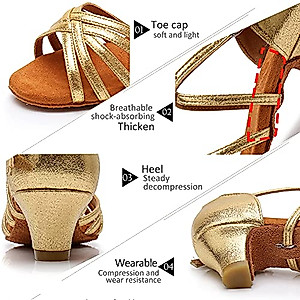 DKZSYIM Girls&Women's Satin Latin Dance Shoes Professional Ballroom Salsa Practice Performance Dancing Shoes, WH-BDJ-Gold,13.5 M Little Kid
