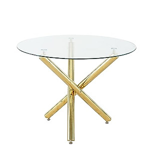 Round Glass Dining Room Table for 2 to 4 Person Modern Tempered Glass Top, Sturdy Chrome Legs, Adjustable Foot Pads, Kitchen Table for Living Room, Dining Room, Tea, Home, 39.37 Inch, Golden Base
