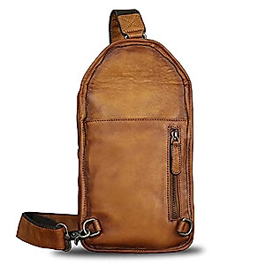 Genuine Leather Sling Bags Hiking Sling Backpacks Fanny Pack Vintage Handmade Crossbody Chest Daypack Anti-theft Shoulder Bag (Brown) Medium