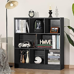 YAHARBO Black Wide Bookshelf,3 Tier Modern Horizontal Bookcase,Wood Low Bookshelves Display Storage Cabinet with Base,Floor Standing 8 Cube Large Bookcases Organizer for Bedroom,Living Room,Office