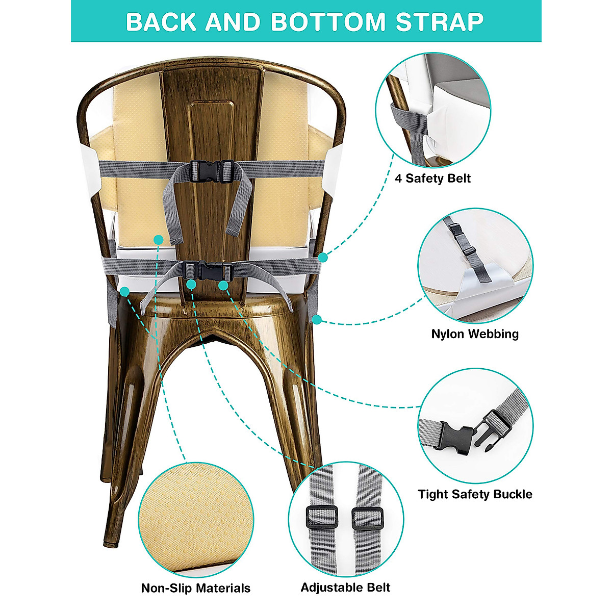 OTTOLIVES Toddler Booster Seat for Dining Table Thick Increasing Waterproof PU Washable Cushion with 2 Adjustable Straps Safety Buckle (Grey)