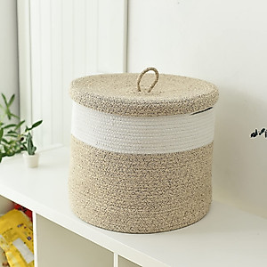 Tegance Blanket Basket with Lid, 16"D x 14"H Large Woven Rope Basket Laundry Basket Baby Toy Storage Basket Hamper Decorative Nursery Bin for Living Room Bedroom with Handles (Brown&White)