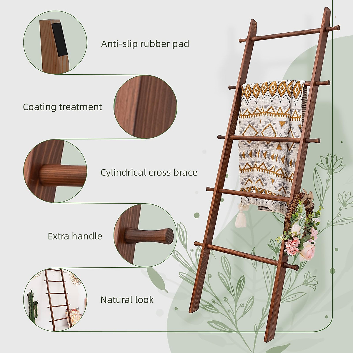 YPshuye 5-Tier Blanket Ladder, Wooden Quilt Stand Farmhouse Decorative Ladder Shelf, Quick Installation, Brown