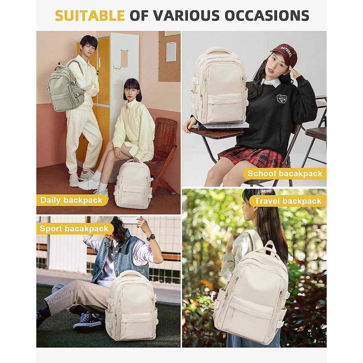 Lightweight Backpack for Women, Large Laptop Travel Backpack Casual Daypack College Bag Rucksack for Men. Beige