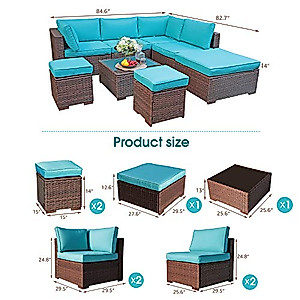 OC Orange-Casual 8 Piece Patio Sofa Set Brown Wicker Sectional Sofa with Turquoise Seat Cushions & Tempered Glass Coffee Table & Ottomans…
