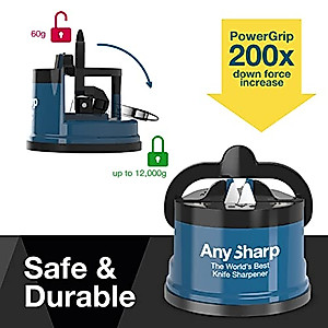 AnySharp Essentials - Knife Sharpener with PowerGrip - For Knives and Serrated Blades - Blue