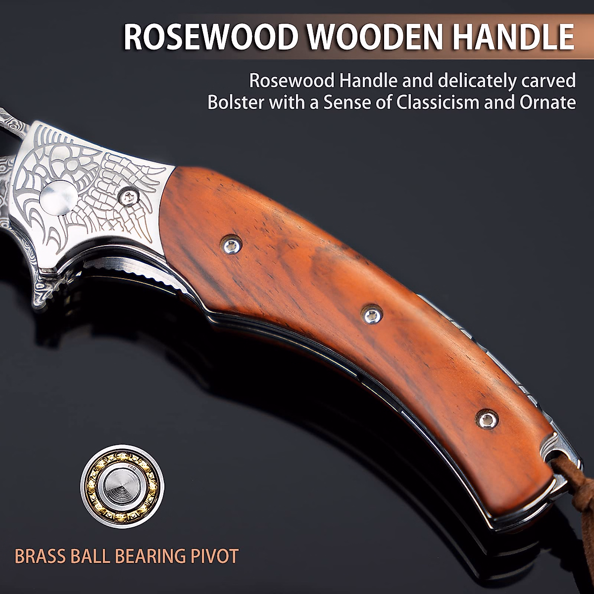 LOTHAR Damascus Pocket Knife for Men, 8.03" VG10 Folding Knife with Retro Leather Sheath,Sandalwood Handle, Classical Bolster, Lanyard Hole, EDC Knife Anniversaries, Christmas, elegant gifts for Men (Yellow)