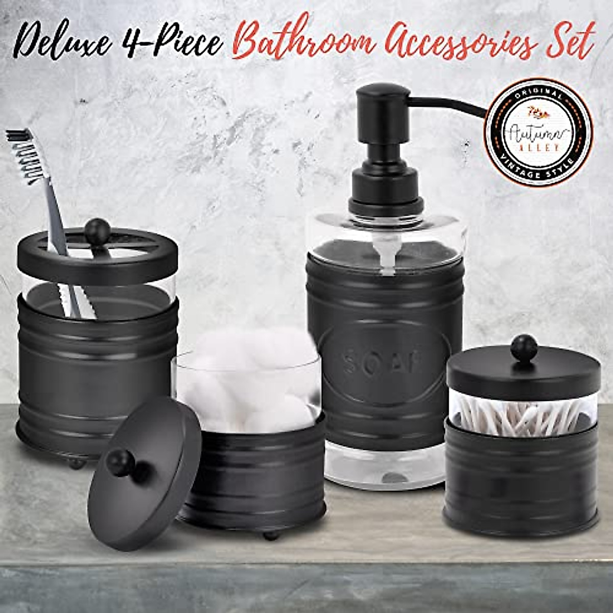 Autumn Alley Modern Farmhouse Glass and Black Bathroom Accessories Set (4 PCS) - Lotion Soap Dispenser, Toothbrush Holder, 2 Apothecary Jars (Qtip Holder) - Rustic Farmhouse Bathroom Decor