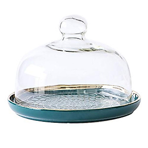 YARNOW Ceramic Tray with Dome Glass Dessert Cover Rustic Cake Stand Desert Platter Ceramic Serving Tray Cheese Cloche Dome for Desserts Fruits Snack Candy (6 Inch)