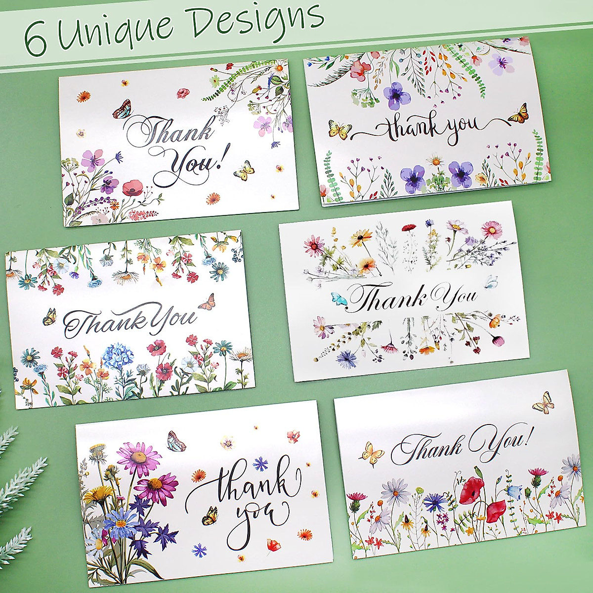 Anvin Thank You Cards 24 Pcs with Kraft Envelopes and Stickers Wildflower Design Blank Note Cards for Wedding, Business, Baby Shower, Funeral, Graduation, Bridal Shower (4x6 Inch)