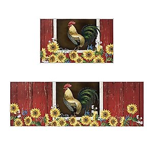Kitchen Rugs Sets 2 Piece Floor Mats Sunflower Farmhouse Rooster Red Wood Grain Durable Doormat Non-Slip Rubber Backing Area Rugs Washable Carpet Inside Door Mat Pad Sets-19.7" x 31.5"+19.7" x 47.2"