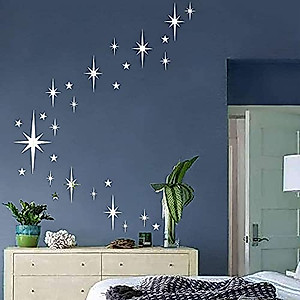 Retro Starburst Mirror Wall Decals Silver 3D Acrylic Sparkle Wall Decors Star Wall Stickers Removable Star Decals Home Wall Decors(123pcs)