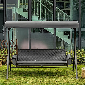 Outsunny 3-Seat Patio Swing Chair, Converting Flatbed, Outdoor Porch Swing Glider with Adjustable Canopy, Removable Cushions, Pillows for Garden, Poolside, Backyard, Gray