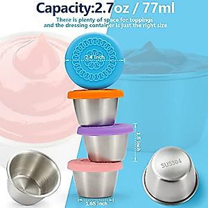 VERFOU Salad Dressing Condiment Container with Lid, 4 Pack 2.7oz Reusable Dip Cup, 304 Stainless Steel Small Food Storage Container with Silicone Lid, Leakproof Sauce Cup Easy Open for Lunch Box