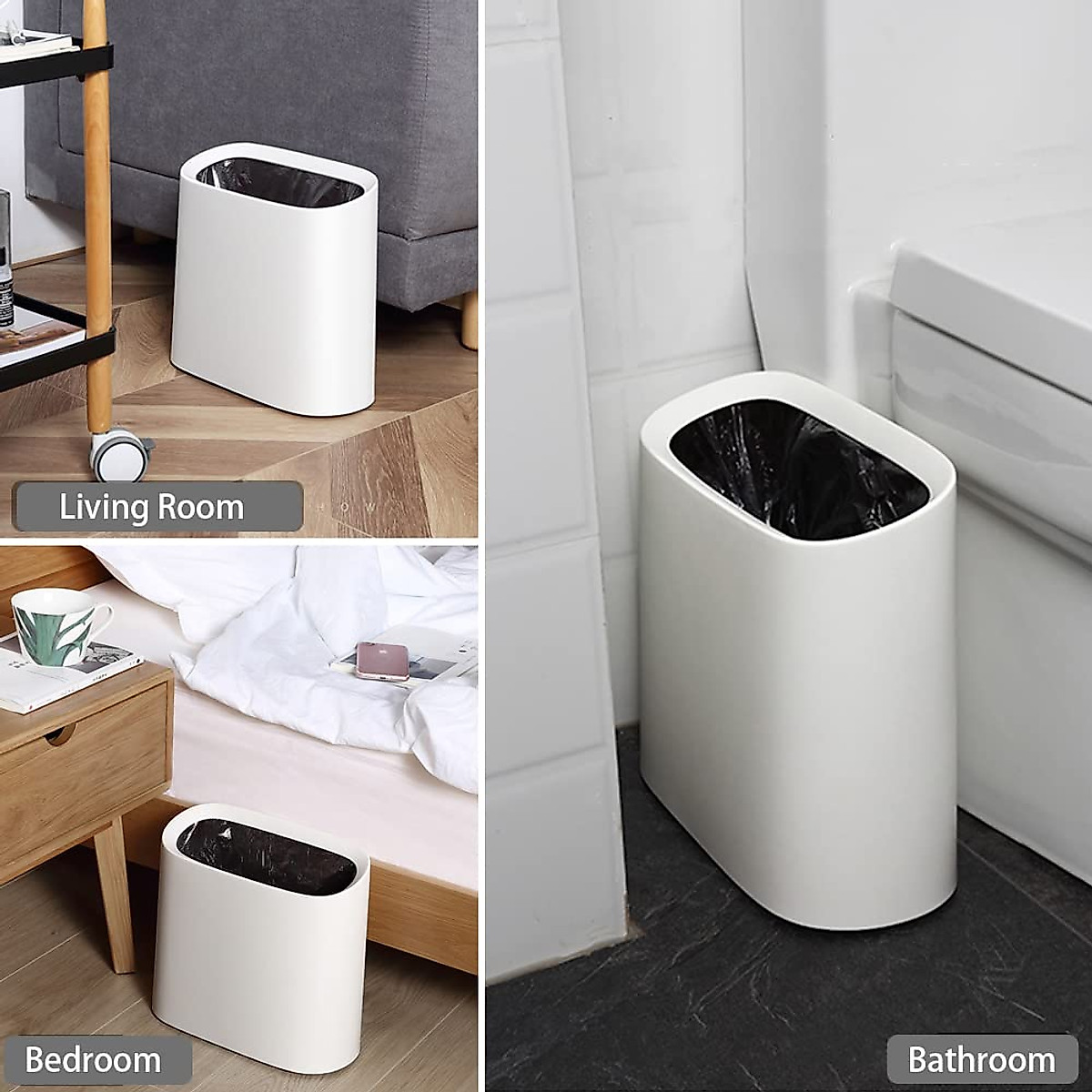 Doyingus Slim Trash Can Plastic Rectangular Wastebasket 2.4 Gallon Garbage Container Bin for Bathroom Bedroom Office Kitchen (White)