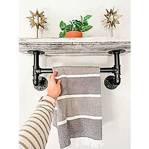 Industrial Bathroom Shelf w/ Pipe Towel Bar – Farmhouse Towel Rack Made of Paulownia Wood and Cast Iron, Pipe Rack in Black Matte – Wall Mount Hand Towel Holder for Rustic Décor w/ Single Wooden Shelf