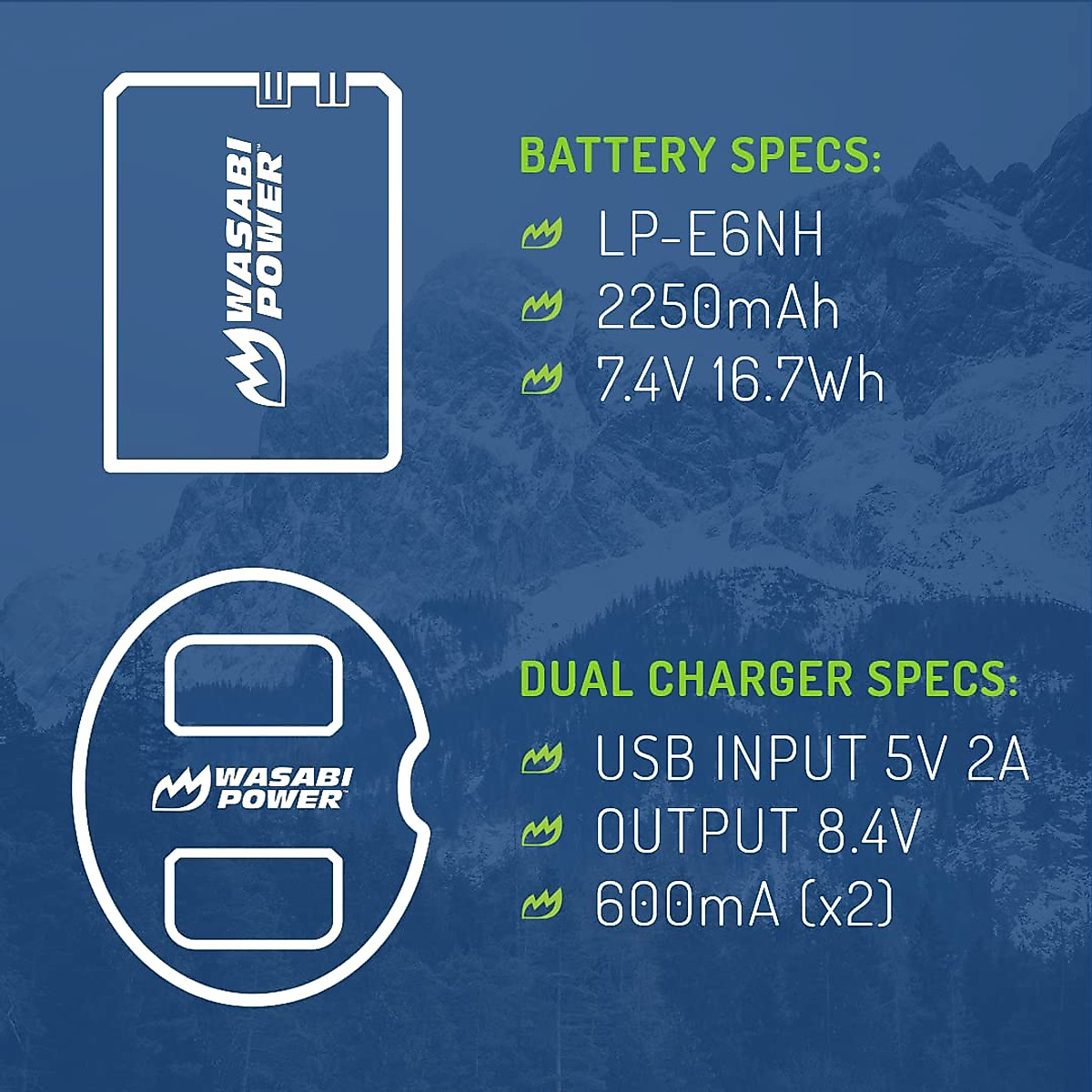 Wasabi Power LP-E6NH Battery (2-Pack) & Dual USB Charger for Canon EOS 5D Mark II/III/IV, 5DS, 5DS R, 6D, 6D Mark II, 7D, 7D Mark II, 70D, 80D, 90D, R, R5, R5C, R6, R7, Ra, XC10, XC15, BMPCC 4K and 6K