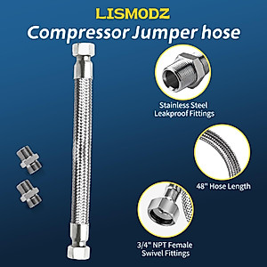 LISMODZ Compressor Jumper Hose, 3/4" NPT Male x 20" Length - Flexible Industrial Grade Stainless Steel Hose with Two 3/4" Adapters, 450 PSI &750°F, Both Sides Fittings Rotate Freely