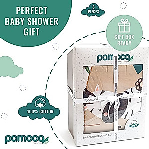 PAMOOQ 100% Cotton Crib Bedding Set | 8-Piece Baby Bedding Crib Set | Jungle Safari Design Nursery Crib Set | Premium Turkish Cotton | Woodland Collection | Includes Mattress Protector