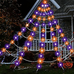 Joliyoou 200 LED 19.7ft x 16.4ft Halloween Spiderweb with Orange and Purple Lights, 8 Modes Remote Controlled Cobweb for Indoor Outdoor Spooky Party Decoration
