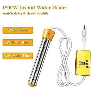 Immersion Water Heater, 1500W Portable Electric Submersible Water Heater with Timer, Stainless Steel Guard Cover and Digital Thermometer for Home Travel Camping