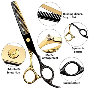 Professional Black Gold Hairdressing Scissors Stainless Steel Barber Hair Cutting Scissors Sets Salon Multifunctional Straight Shears Teeth Scissors Thinning Shears Tools for Mother Father's Gift