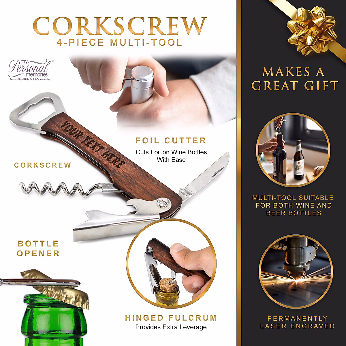 Custom Engraved Wine and Beer Corkscrew Multi Tool - Personalized with Your Text (Wood)
