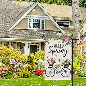 Hzppyz Hello Spring Bicycle Flowers Garden Flag Double Sided, Rose Bike Decorative Yard Outdoor Home Small Decor, Farmhouse Burlap Outside House Decoration 12 x 18