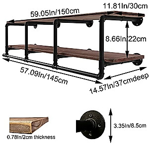 TEDIDUWA 60In Industrial Pipe Clothing Rack with Top Shelf, Space-Saving Wall Mounted Clothes Rack 2 Tiers Pipe Shelves, Shelf with Hanging Rod for Laundry Room, Closet Storage