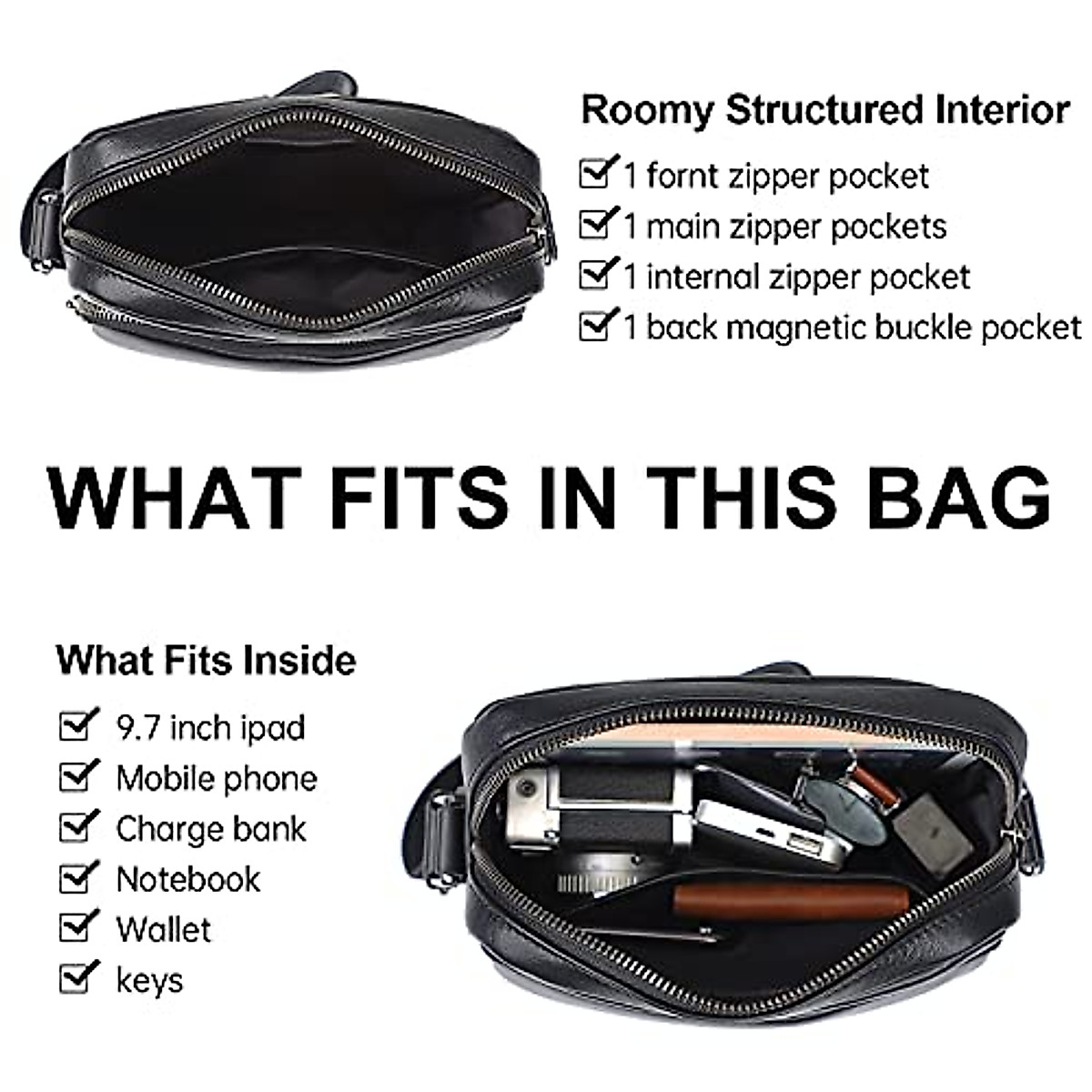 Augus Leather Messenger Crossbody Shoulder Bag for Men Work Business Casual Adjustable Straps (black-1)