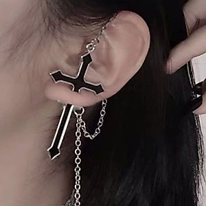 Hanging Cross Earring Black Punk Cross Chain Dangle Drop Earrings Goth Long Chain Cross Sword Ear Piercing Earrings Cool Jewelry Gifts for Women Men Teens (A)