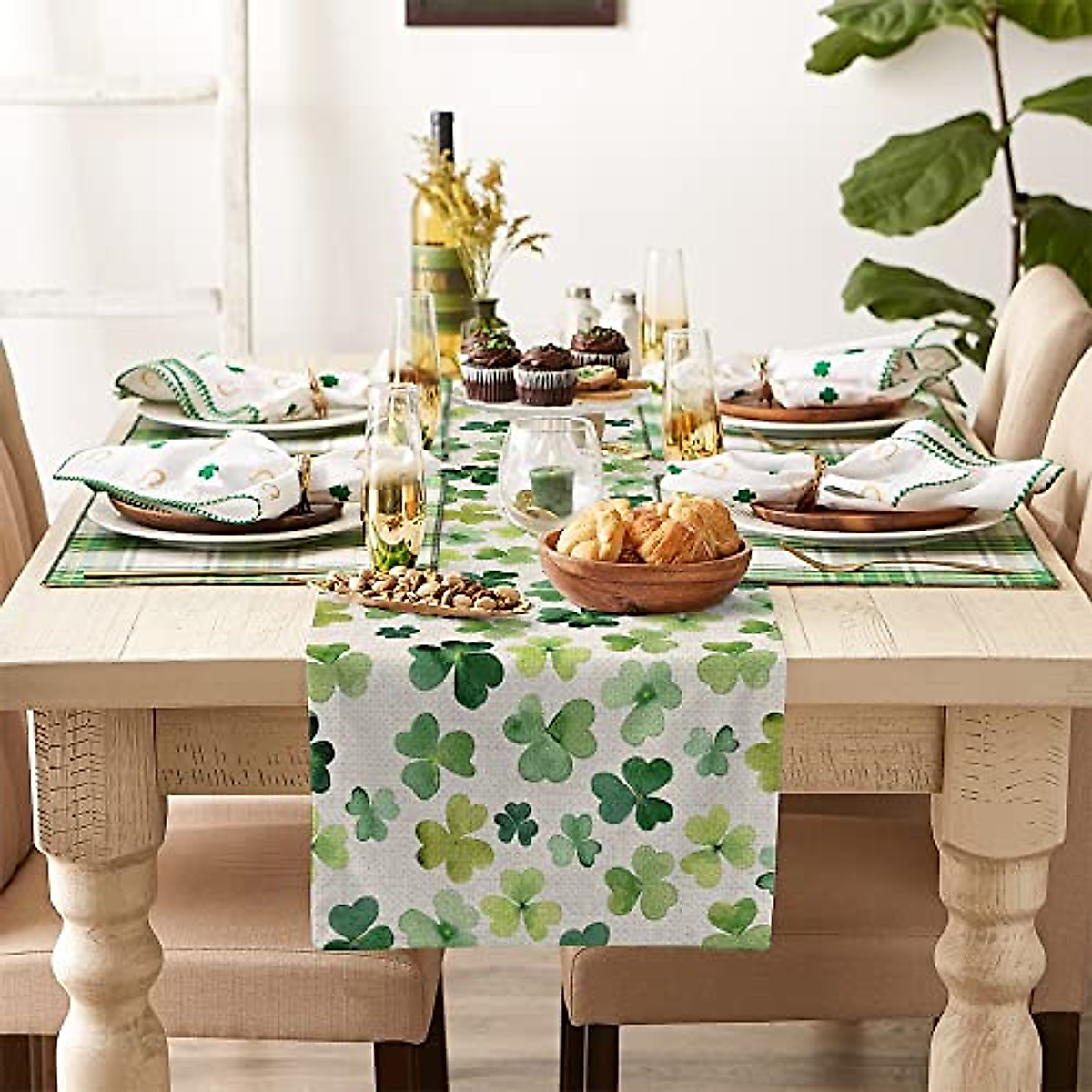 ARKENY St Patricks Day Lucky Green Shamrock Butterfly Table Runner 13x72 Inches,Seasonal Burlap Farmhouse Indoor Kitchen Dining Table Decoration for Home Party