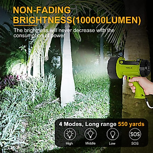 YIERBLUE Rechargeable Spotlight Flashlight with 1000,000 Lumen LED, IP67 Waterproof Long Running Spot Light searchlight, Impact Resistant Handheld Spotlight with Foldable Stand and Detachable Red Lens