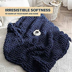 Chunky Knit Blanket Throw - 50"x60" 3.7 lbs. - Soft Chenille Yarn Knitted Blanket - Machine Washable Crochet Blanket - Handmade Cable Knit Throw Blanket for Couch, Bed (Navy Blue)