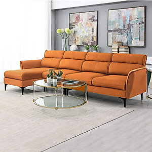 POCIYIHOME 111" Convertible Sectional, Flannel L Shape Upholstered Living Room Couch with Left/Right Facing Handed, 5 Seats Indoor Modular Sofa Chaise for Office,Apartment, Metal Leg, Orange
