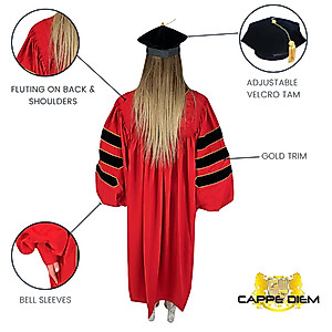 Cappe Diem Doctoral Deluxe Graduation Gown + 6 or 8 Sided Tam (Multiple Colors) (Red, 51" (5'6"-5'-8") + 8-Sided Tam)