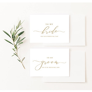 To My Bride To My Groom On Our Wedding Day Card 4x5.5 Folded White Card with Gold Caligraphy with Gold Foil Lined Envelopes 2 Card Set Vow Cards Elegant Minimalist Style Wedding Cards