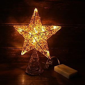 CVHOMEDECO. Gold Tree Top Star with Warm White LED Lights and Timer for Christmas Ornaments and Holiday Seasonal Décor, 8 x 10 Inch