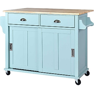 Appot Kitchen Cart with Rubber Wood Drop-Leaf Countertop, Concealed Sliding barn Door Adjustable Height,Kitchen Island on 4 Wheels with Storage Cabinet and 2 Drawers